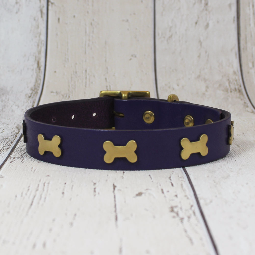 Purple Leather Creature Clothes Dog Collar with Brass Bone Studs – DOGHOUSE